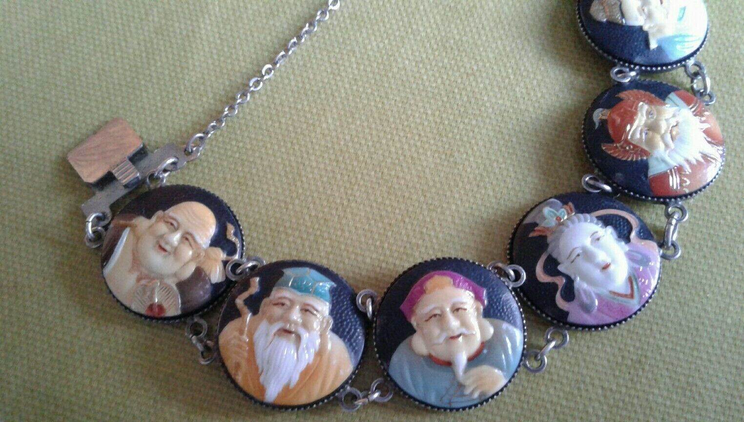RARE VINTAGE SILVER & PORCELAIN TOSHIKANE 7 GODS OF FORTUNE BRACELET ...