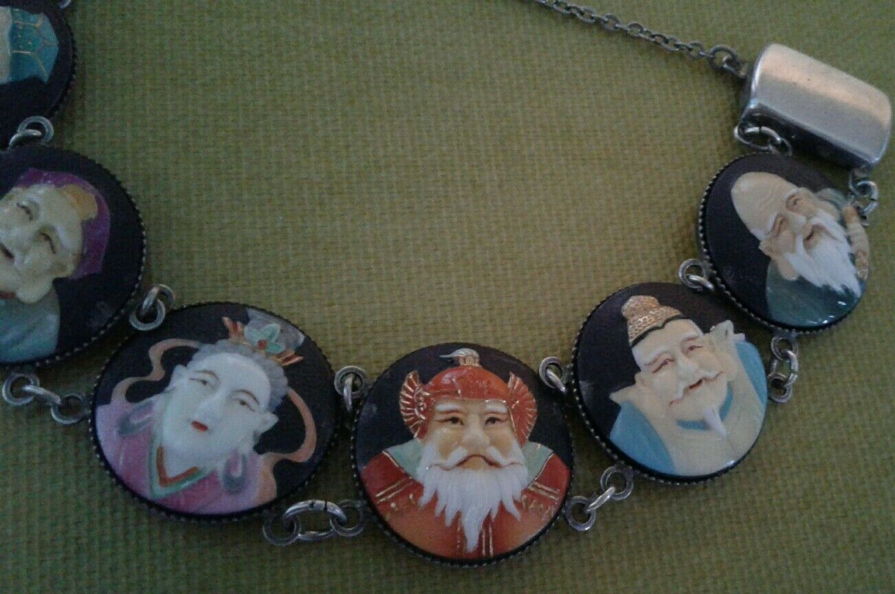 RARE VINTAGE SILVER & PORCELAIN TOSHIKANE 7 GODS OF FORTUNE BRACELET ...