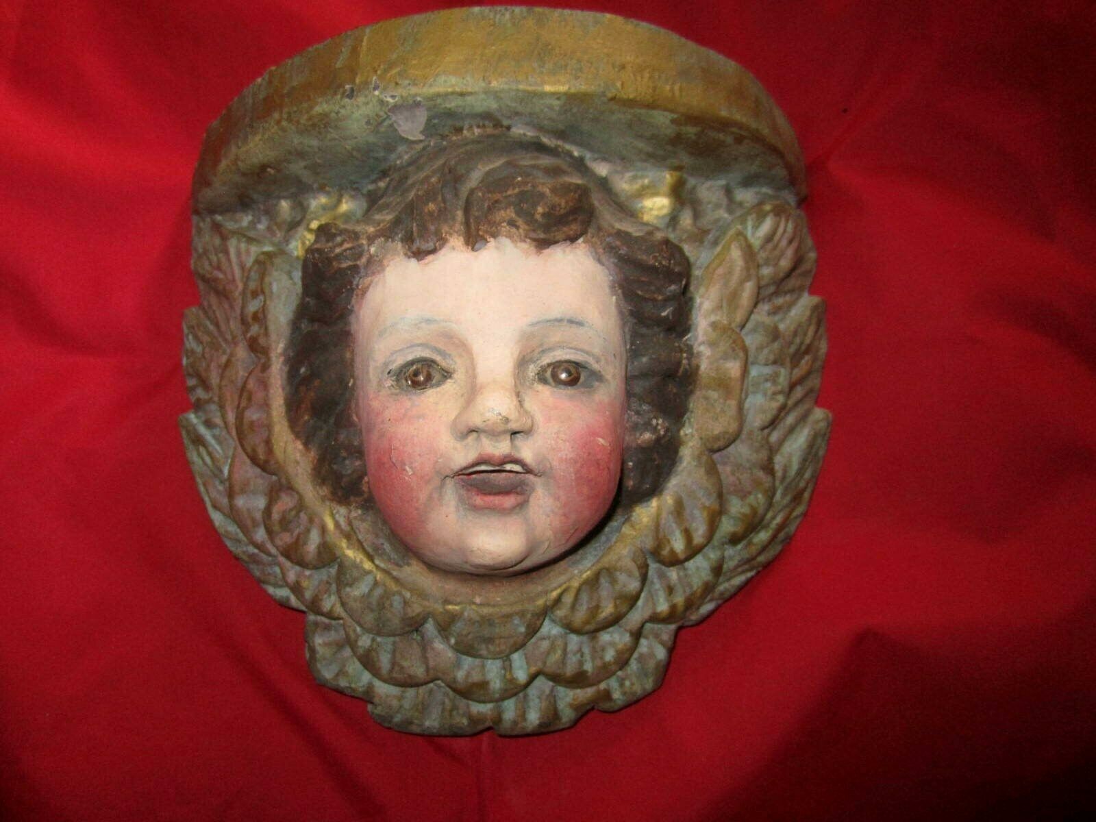 Vintage Antique Carved Wood Glass Eyes Angel Cherub Santos Statue ...