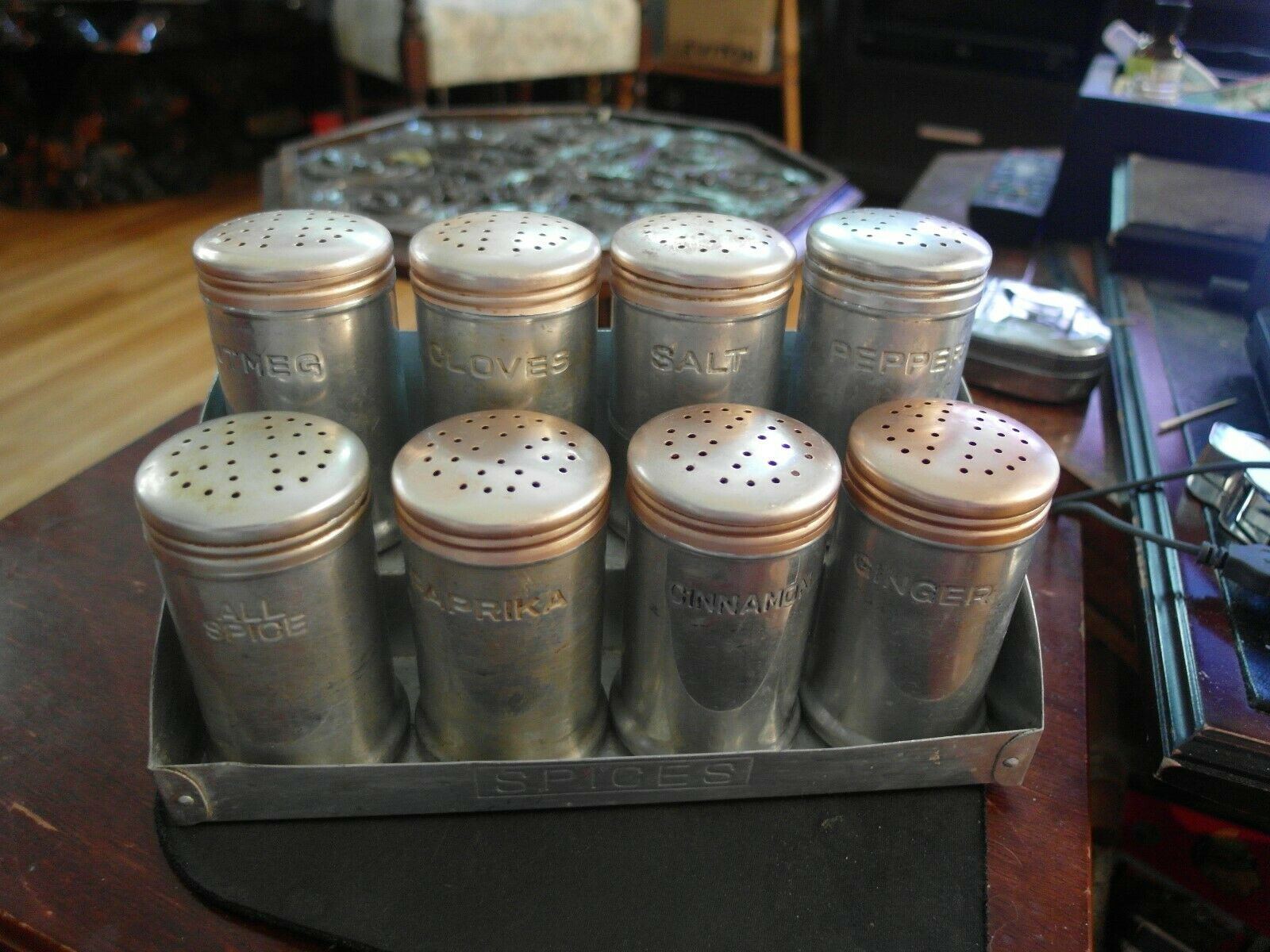 Antique VTG Primitive Metal Tin Spice Rack Shelf W 8 Jars Canisters ...