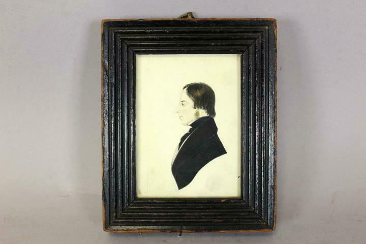 GREAT MINIATURE 19TH C WATERCOLOR PROFILE PORTRAIT OF A YOUNG MAN FRAME ...