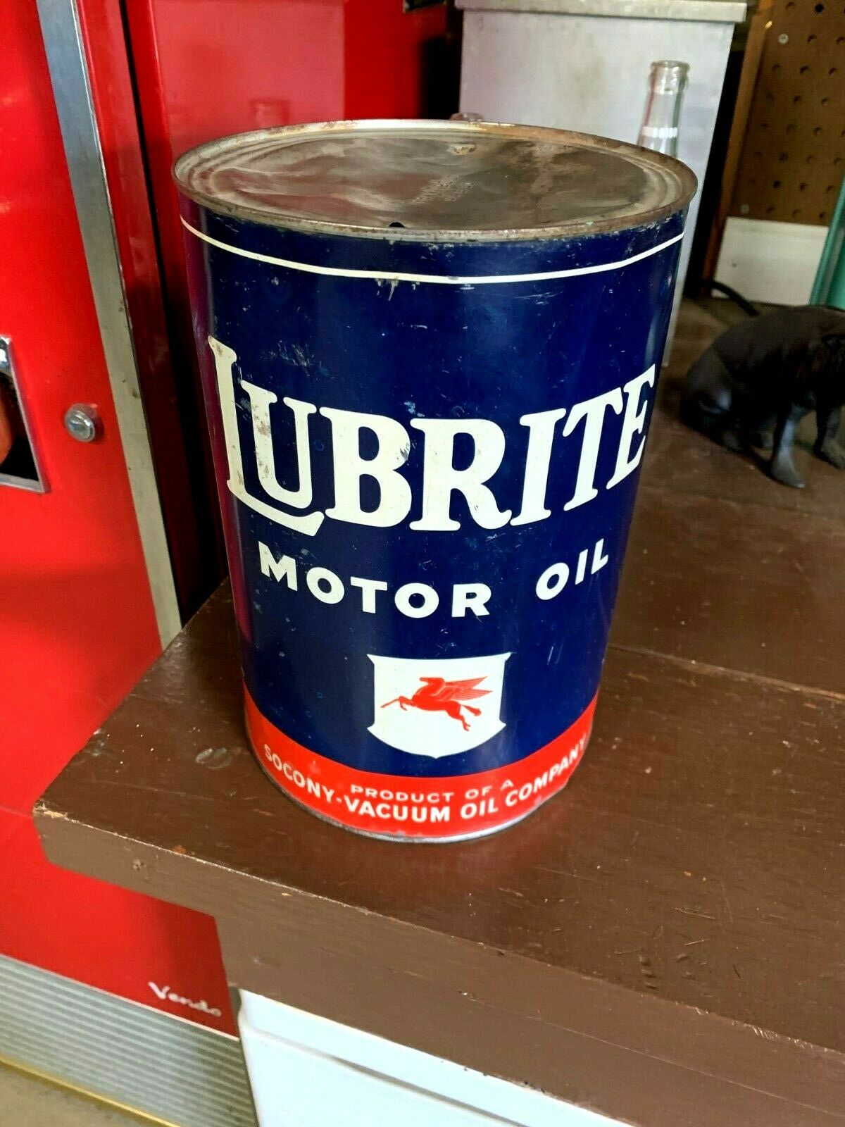 VINTAGE FIVE 5 QUART QT LUBRITE MOTOR OIL CAN MOBIL GAS DISPLAY | #15561365