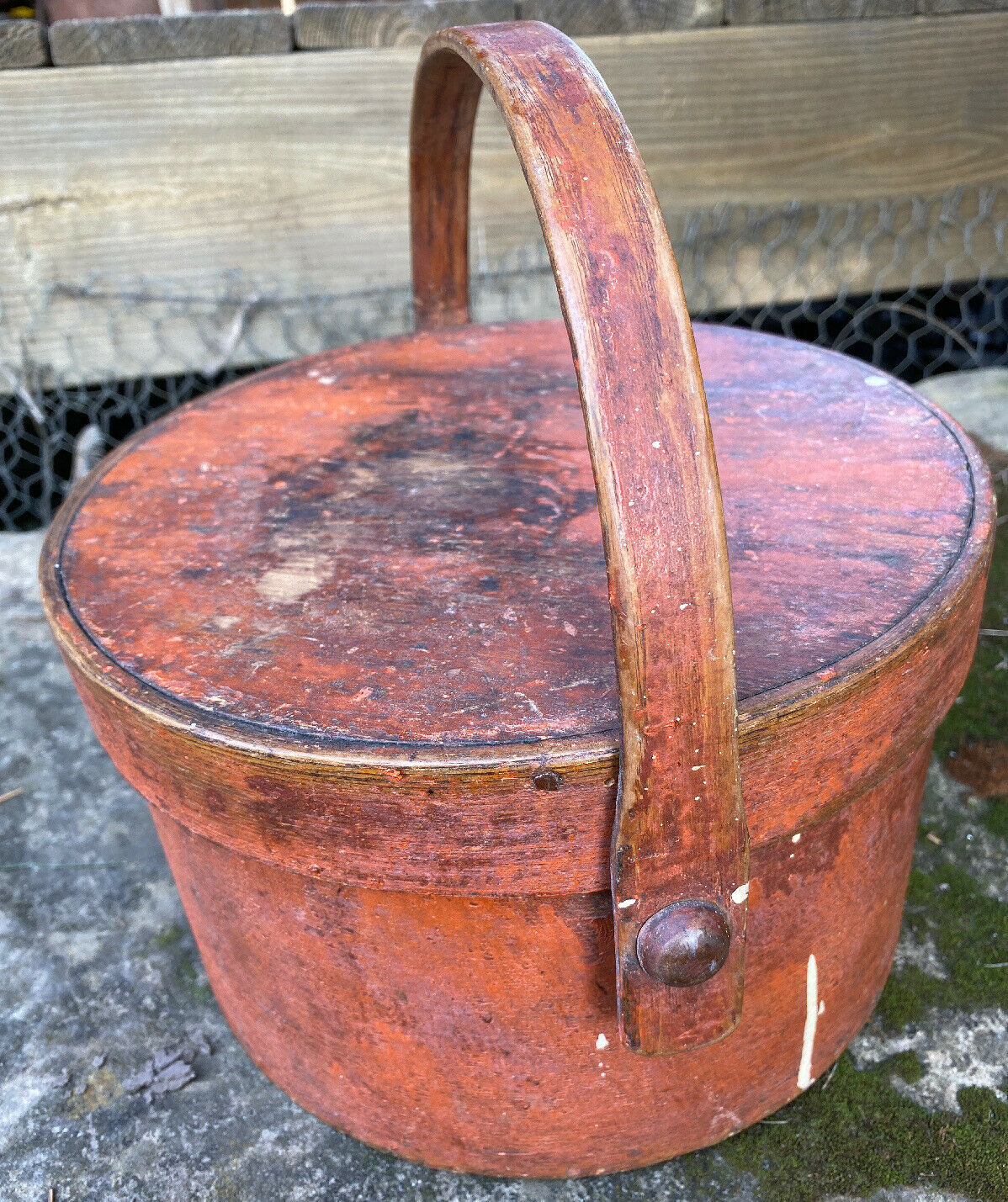 Primitive Antique Wooden Bale Handled Pantry Box Old Paint Wood Bucket ...