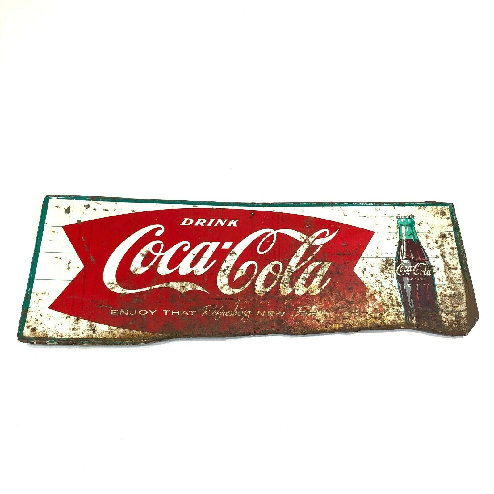 1942 Vintage Tin Coca Cola Fishtail Sign " Enjoy That Refreshing ...