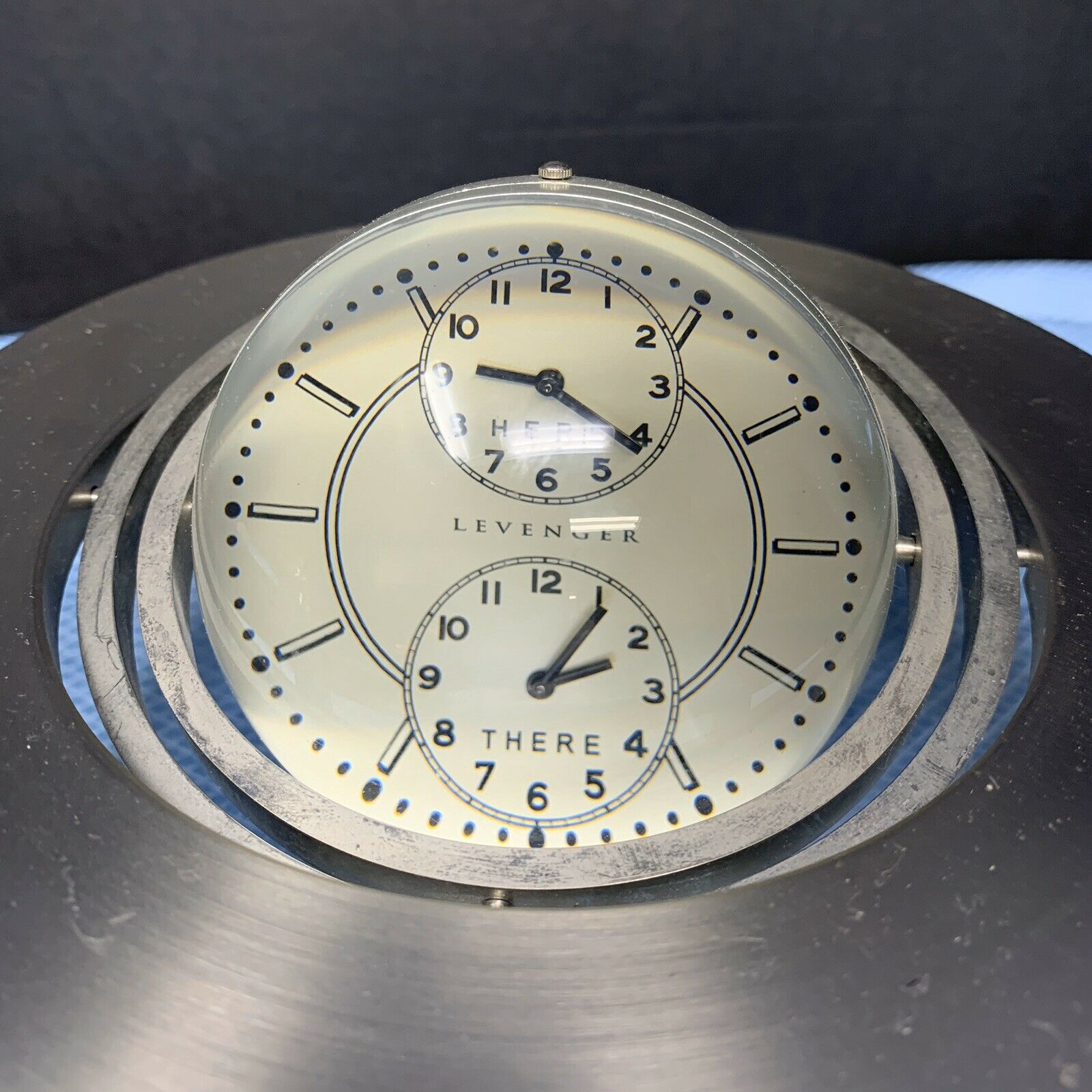 Levenger Vintage Swiveling Glass Globe Clock In Brushed Nickel Stand ...