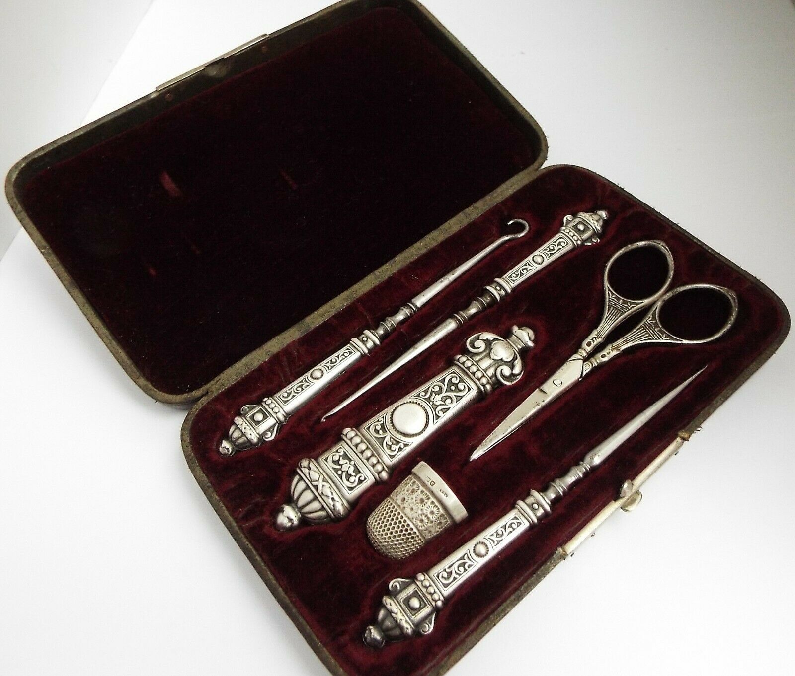 CASED ANTIQUE 19TH CENTURY FRENCH C. 1870 SOLID SILVER SEWING SET ...