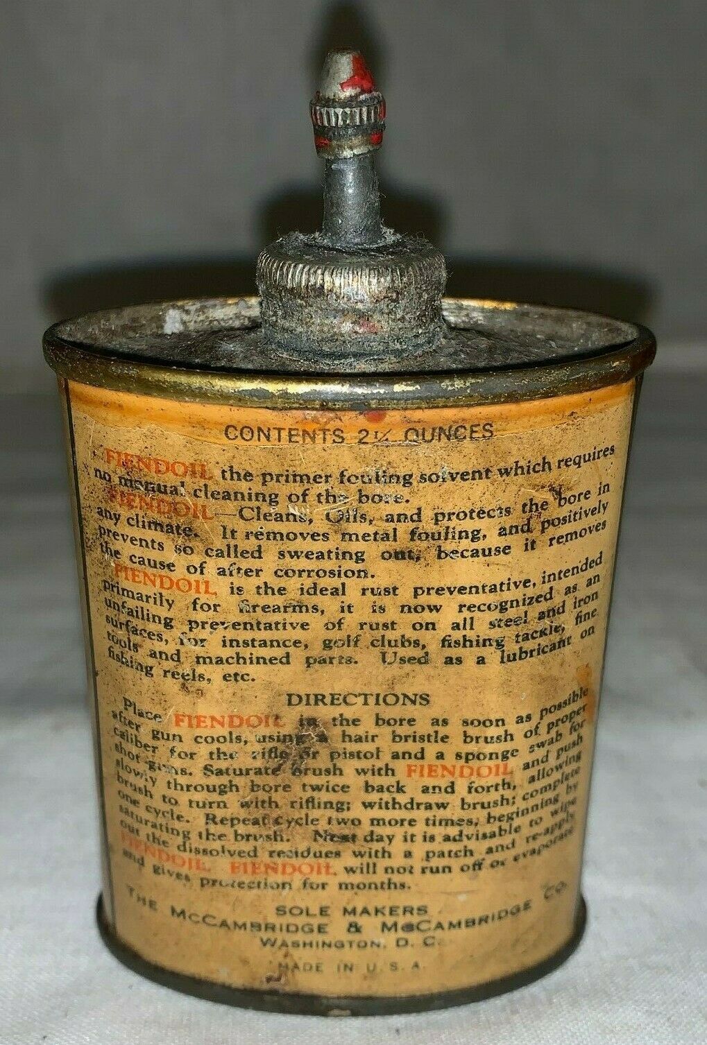 ANTIQUE FIENDOIL FIREARMS HANDY OILER TIN LITHO CAN RED DEVIL GUN ...