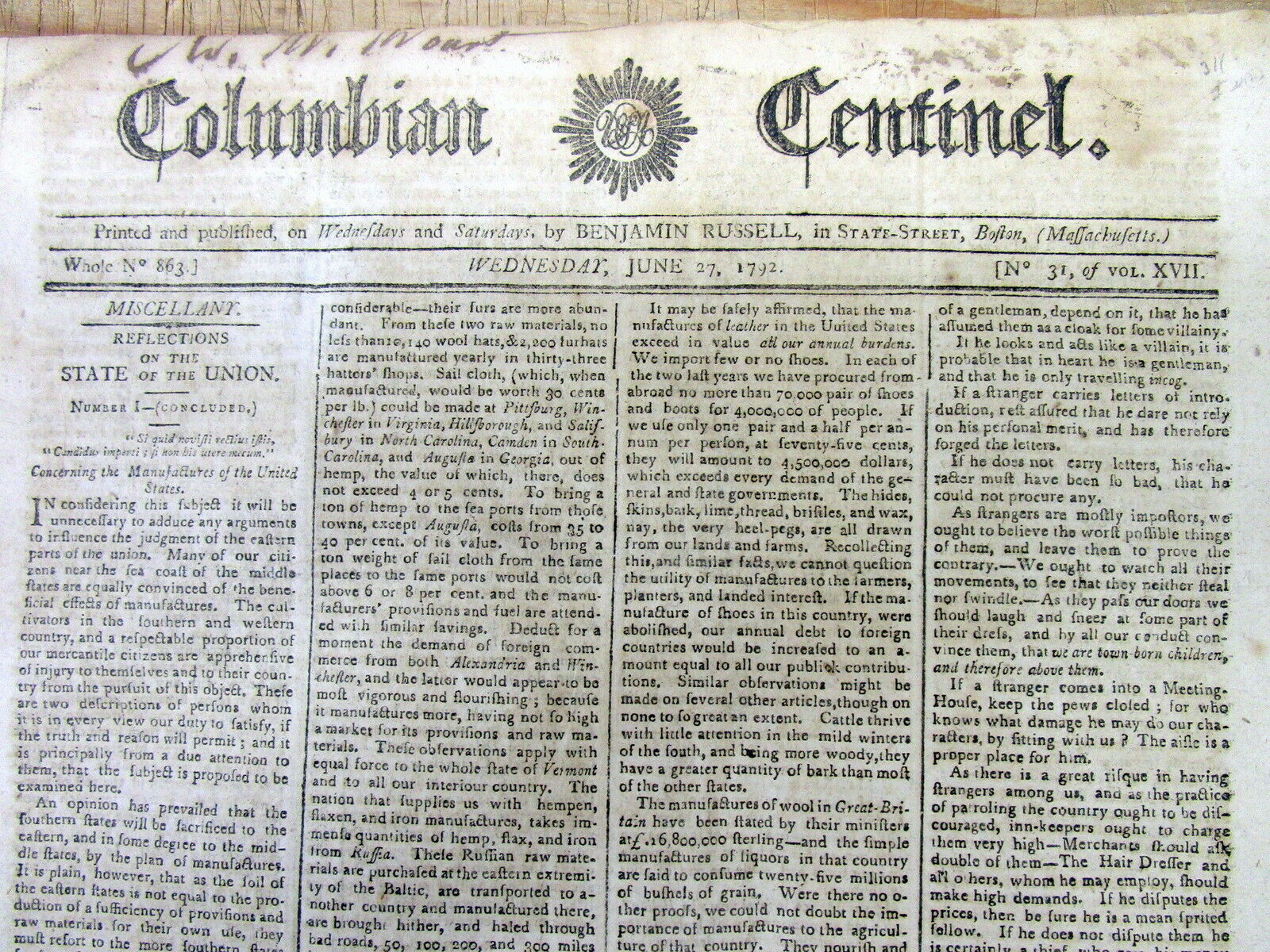 1792 Newspaper W Early Excerpt From THOMAS PAINE ' S Book " The Rights ...