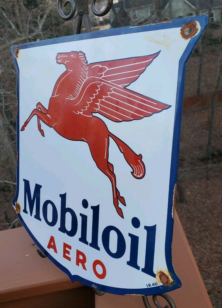 OLD VINTAGE 1940 MOBILOIL AERO PORCELAIN GAS STATION PUMP SIGN | #15335031