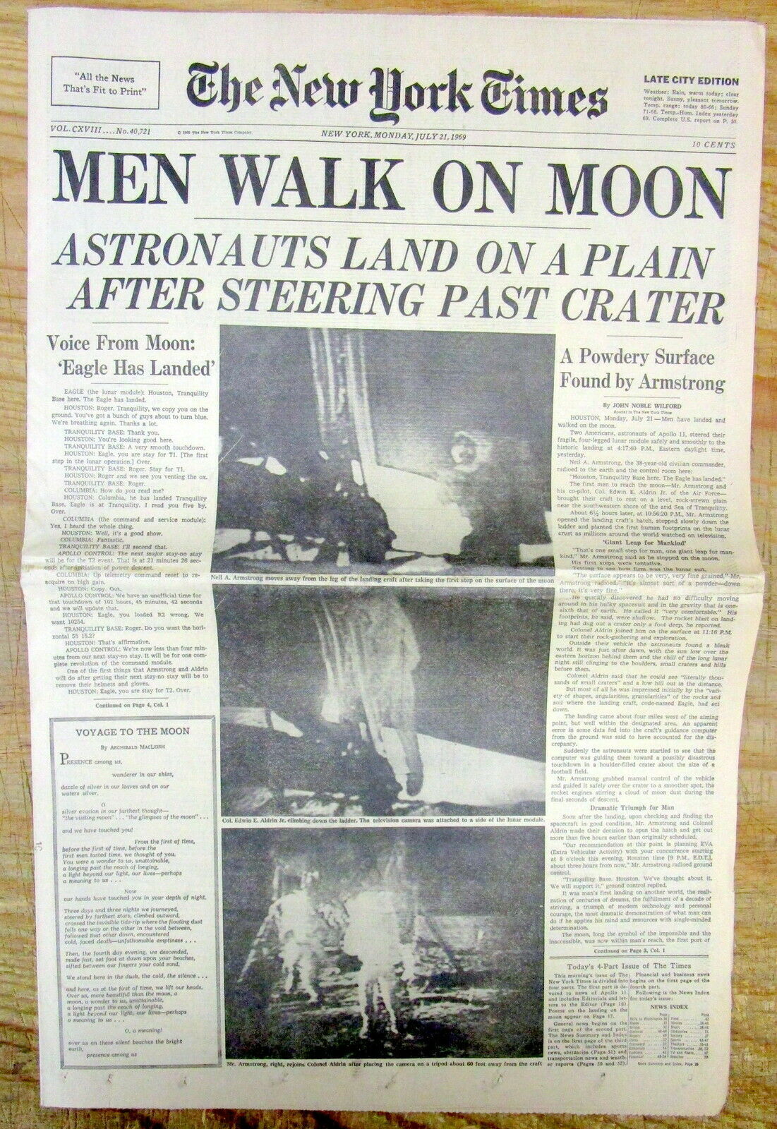 1969 NY Times Newspaper First Men WALK ON The MOON Neil Armstrong ...