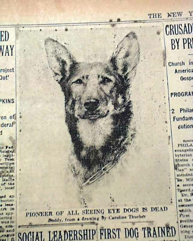 BUDDY 1st Seeing Eye Guide Dog Morris Frank Service Animal DEATH 1938 ...