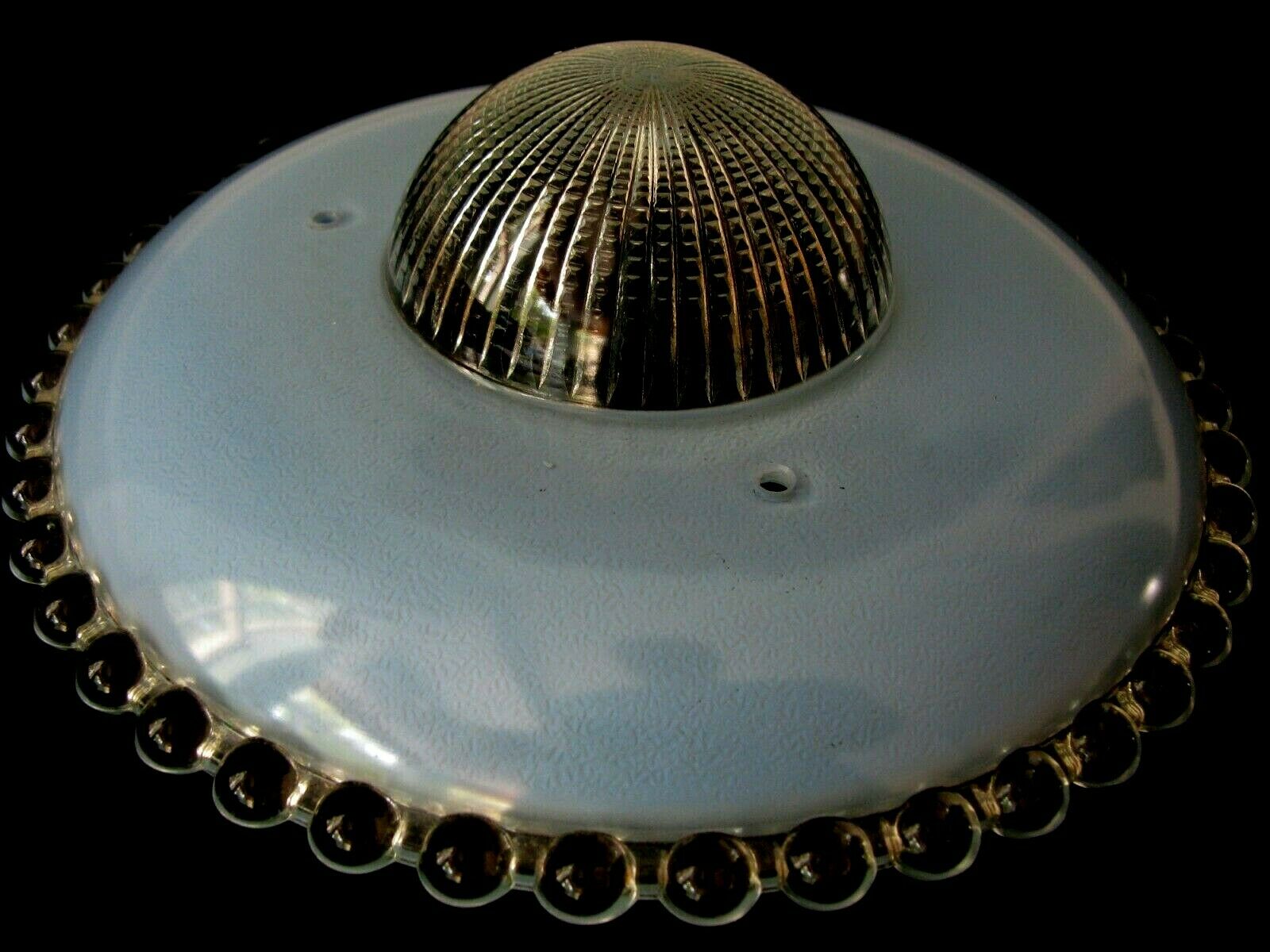 VINTAGE BLUE GLASS CEILING LIGHT FIXTURE SHADE 3 CHAIN BUBBLED RIM ...