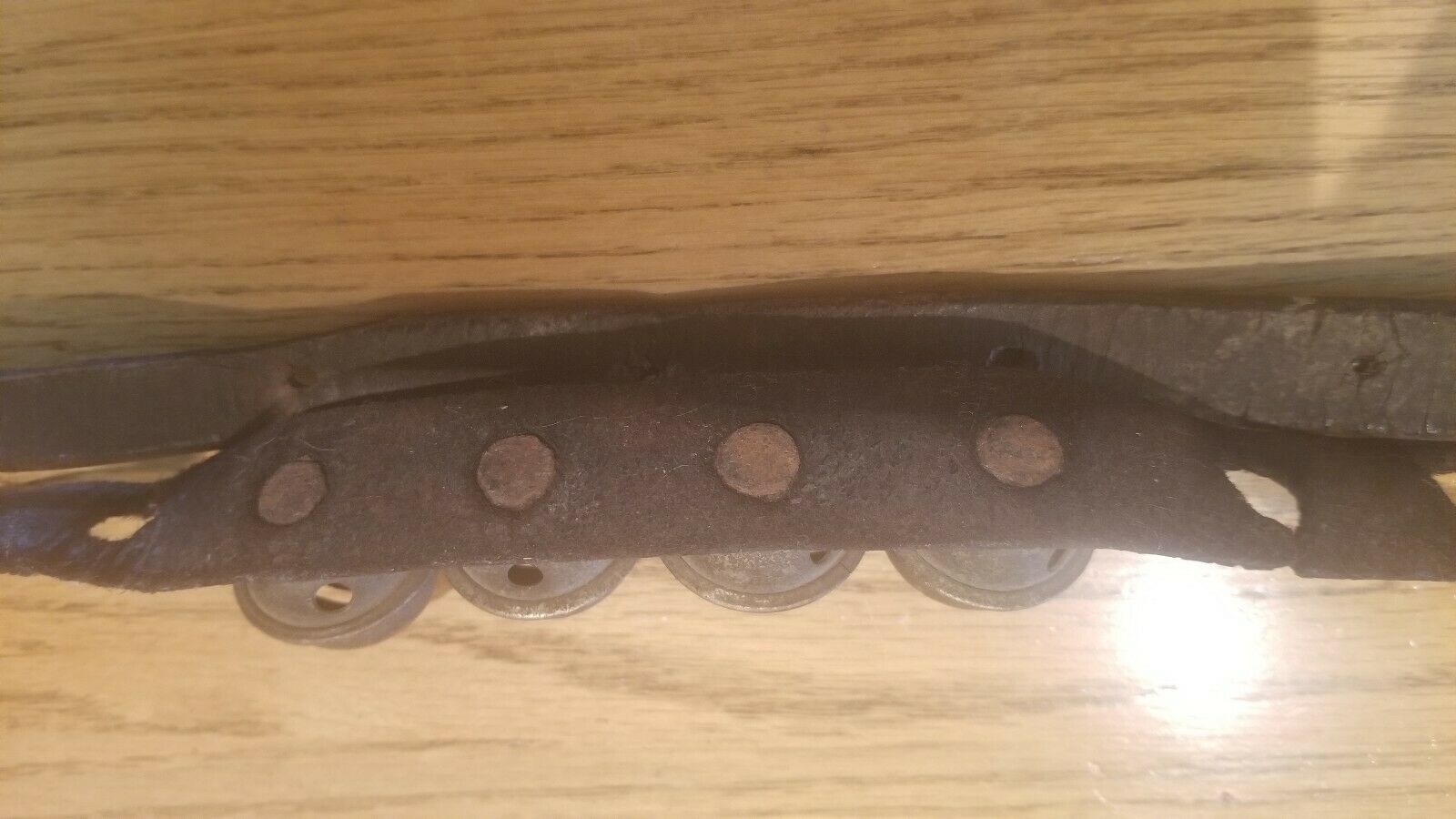 4 Antique Primitive Horse Sleigh Bells On Leather Strap, | #15089544