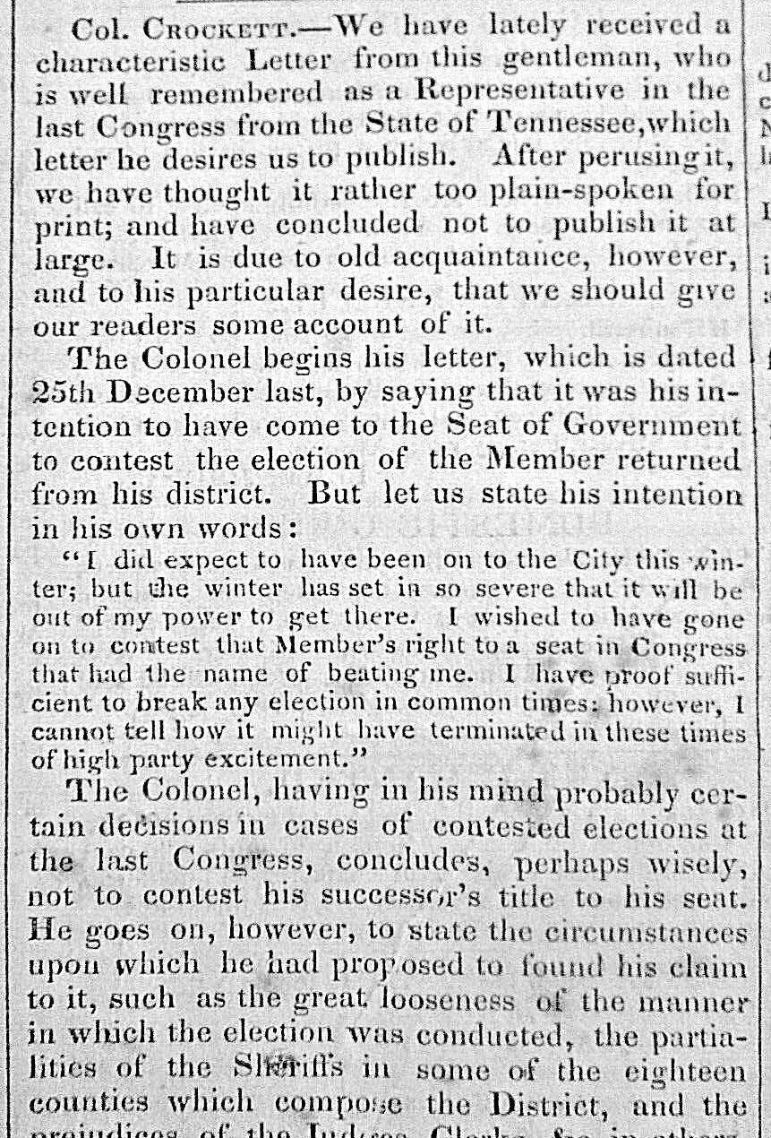 COL. CROCKETT ON HIS DEFEAT TO WILLIAM FITZGERALD FOR HOUSE SEAT 1832 ...