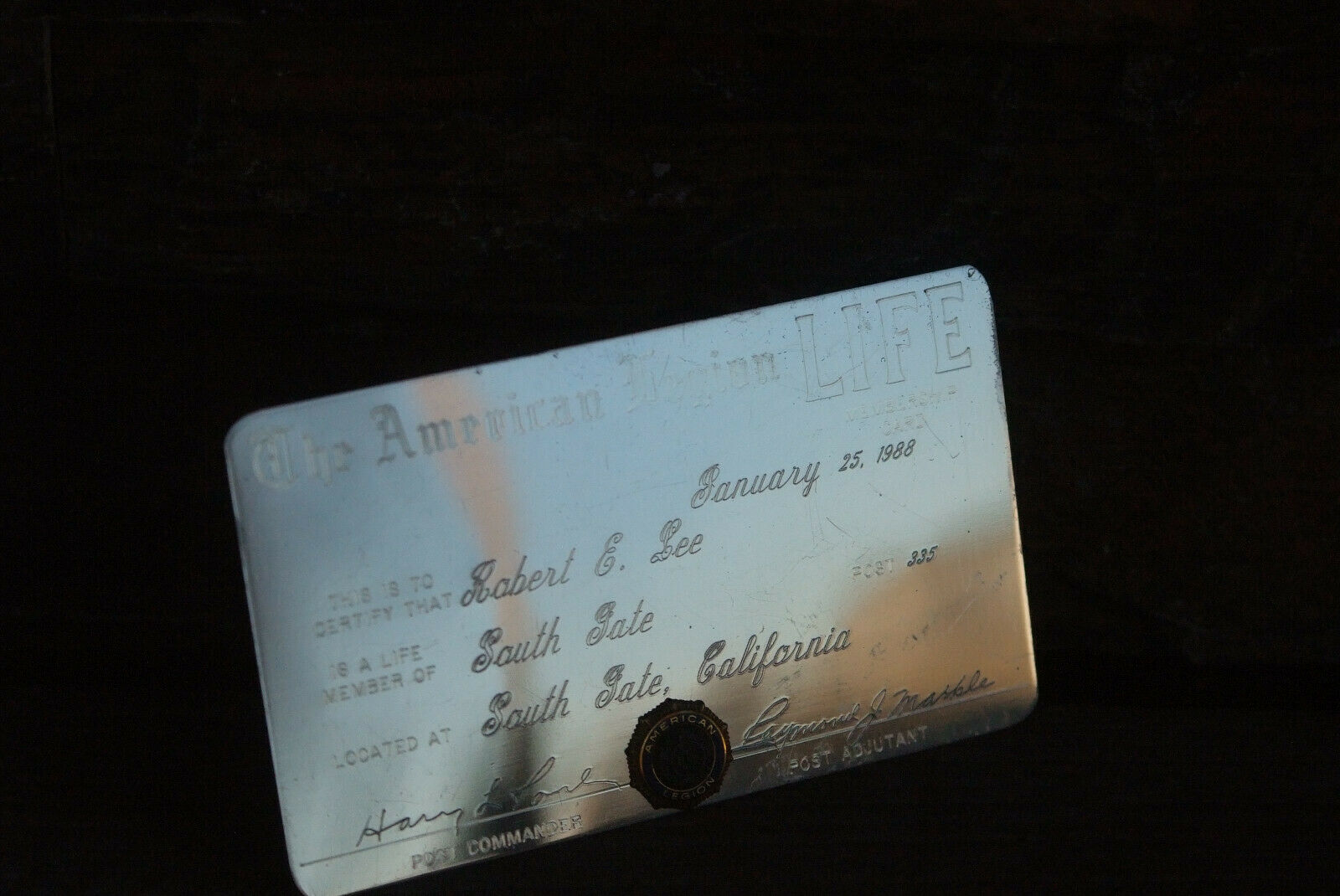 The American Legion Life Member Card Robert E Lee Sterling Silver 1988 ...