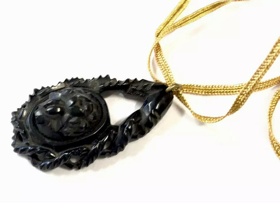Antique Victorian Large Whitby Jet CARVED Drop Pendant Necklace | #15154340