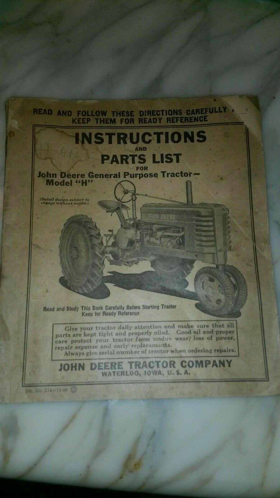 Vintage John Deere Model H General Purpose Tractor Instructions & Parts ...