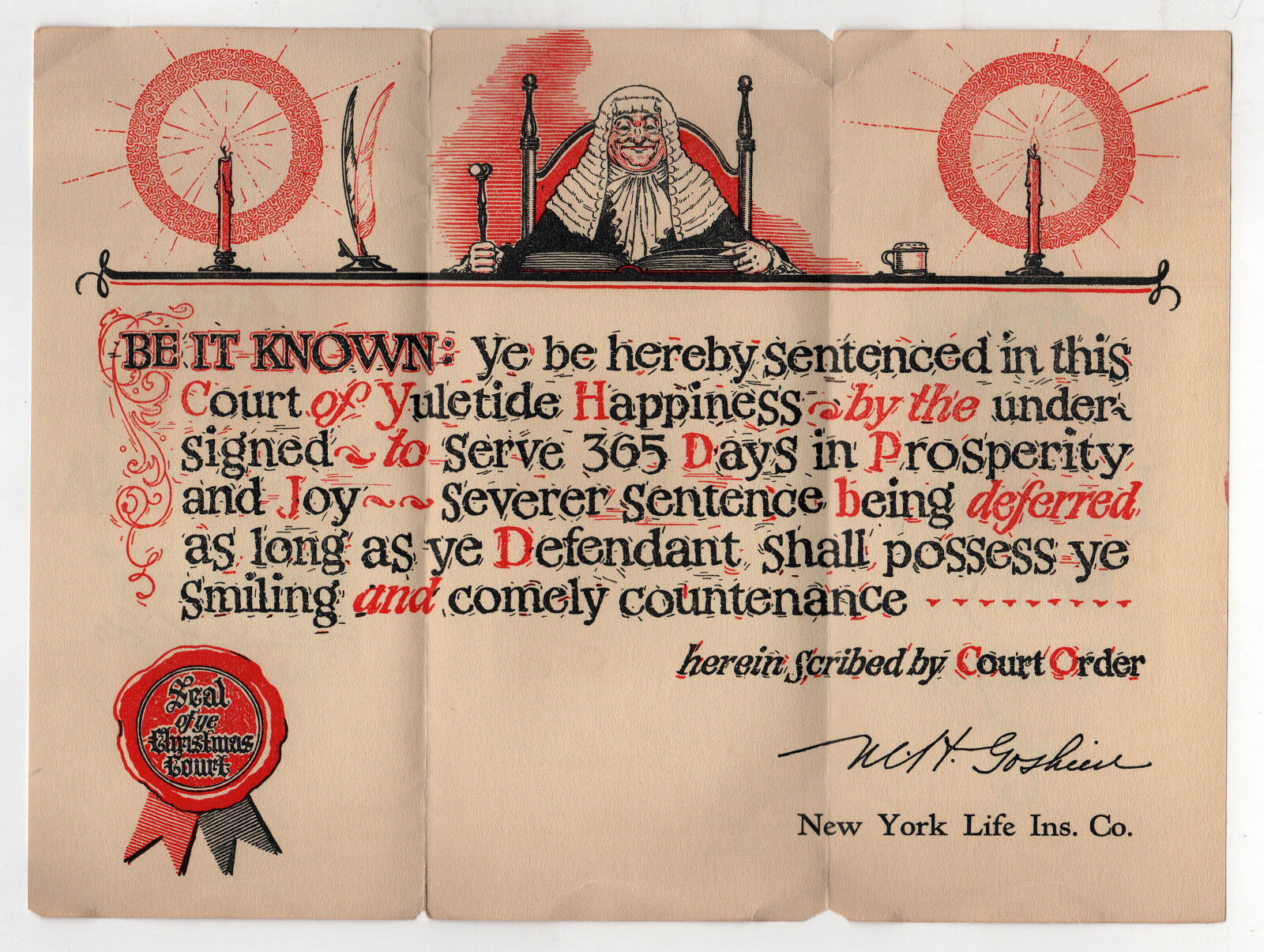 VINTAGE MERRY CHRISTMAS CARD Xmas YORK LIFE Legal HAPPINESS SUBPOENA ...