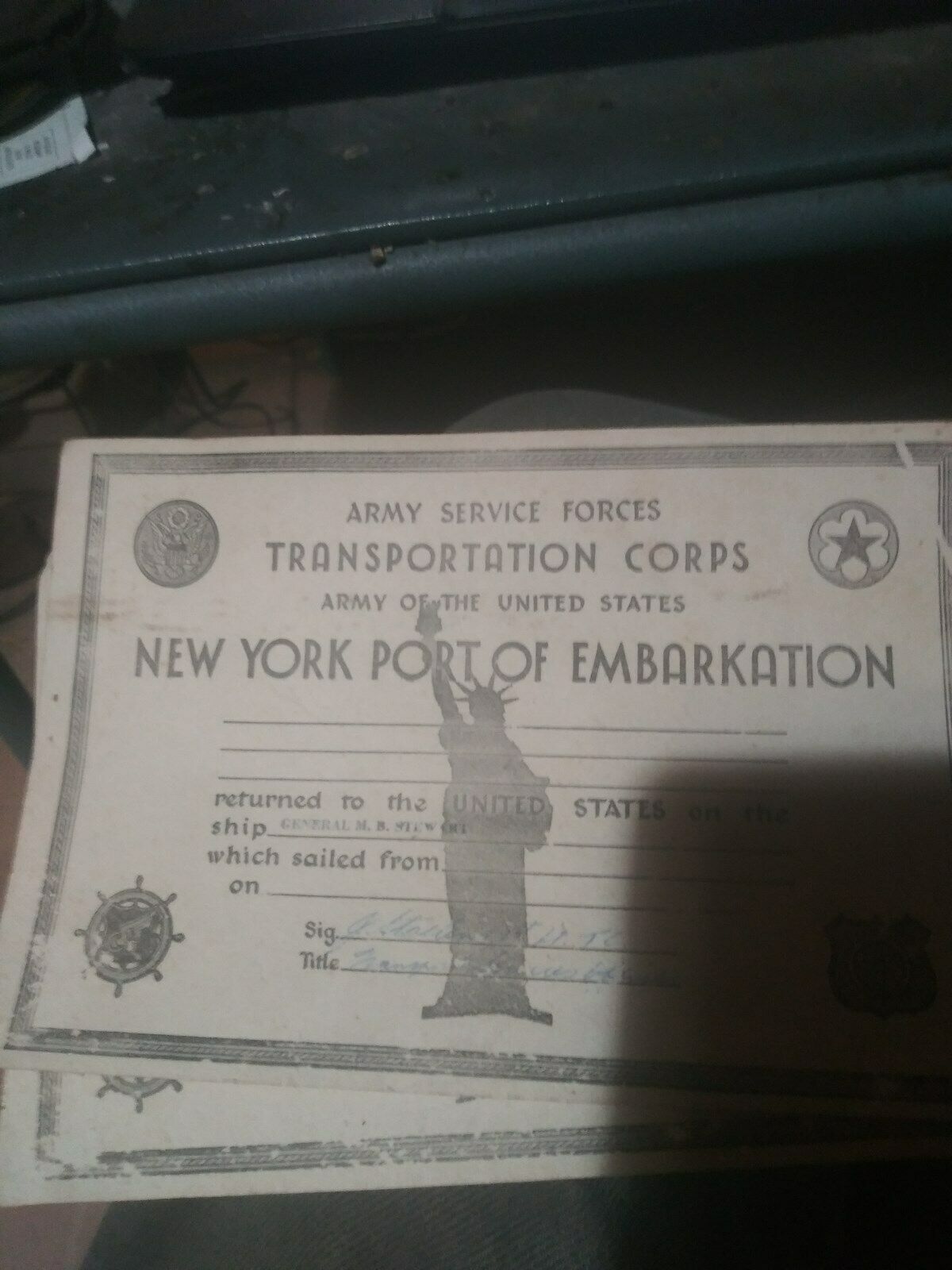 WWII Document Army Service Forces USS Washington York Port Of ...