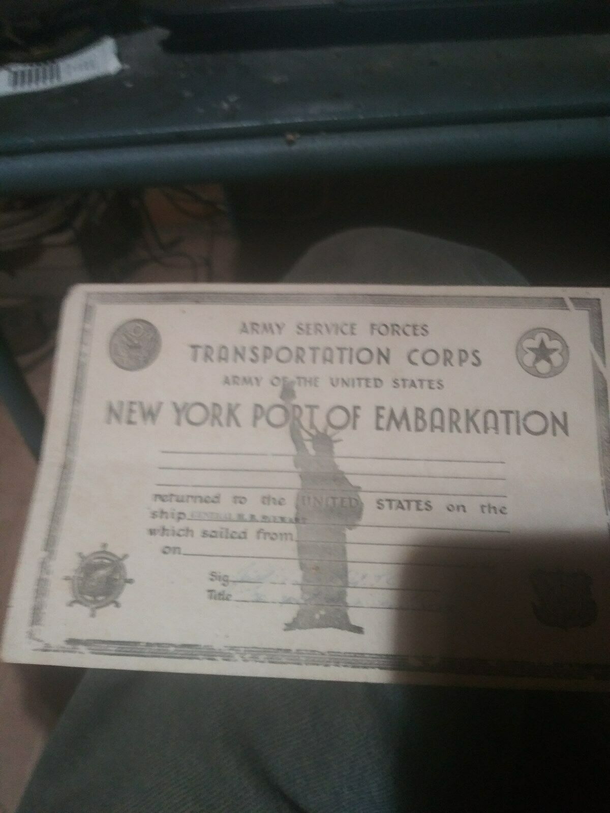 WWII Document Army Service Forces USS Washington York Port Of ...