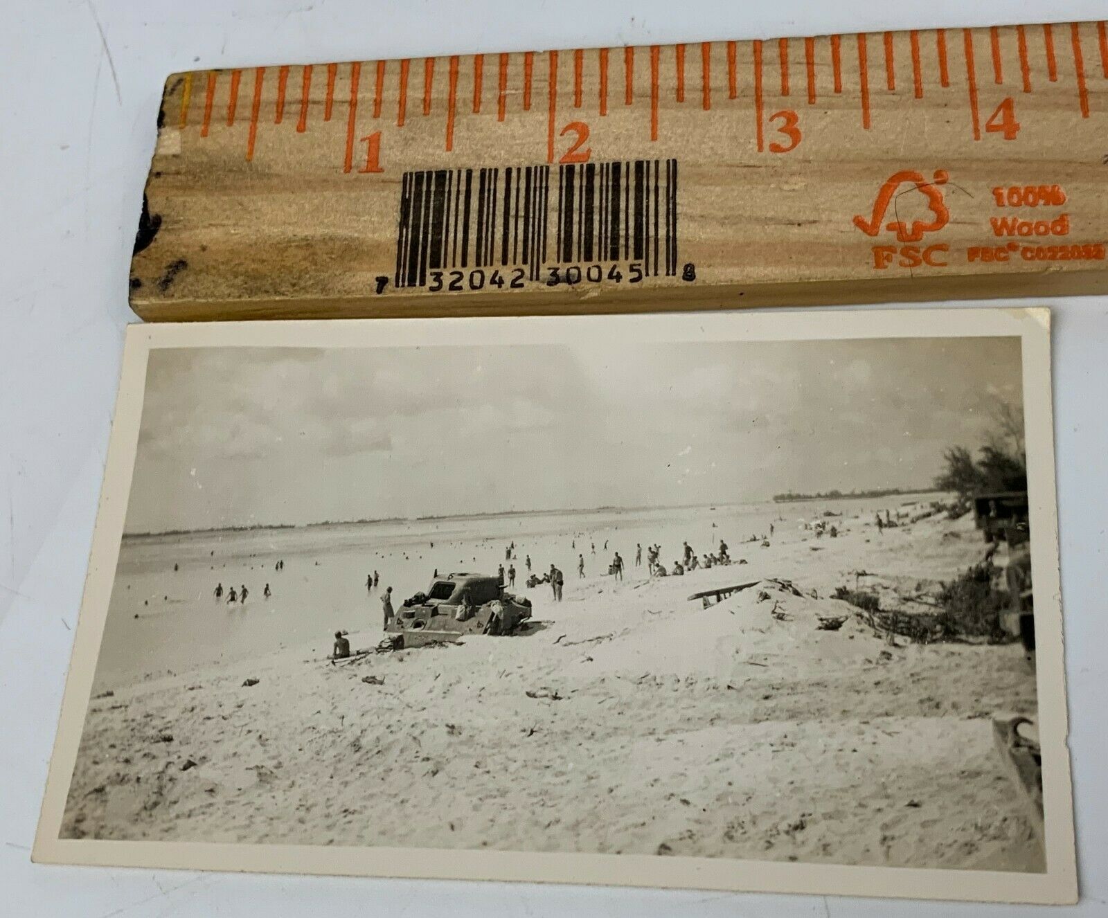 WWII Photo Beach Destroyed Tank People Soldiers Bathing Suits | #14879573