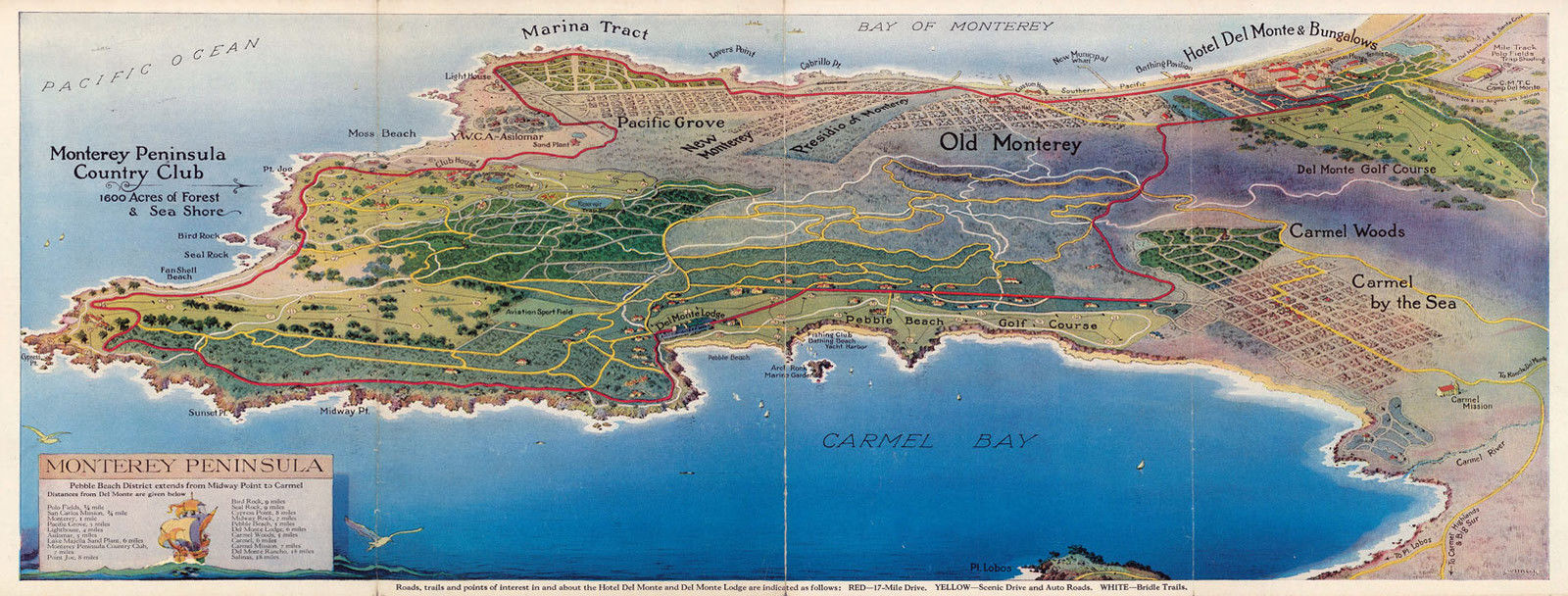 Pictorial Map Monterey Peninsula Country Club Vintage Historic Wall Art ...