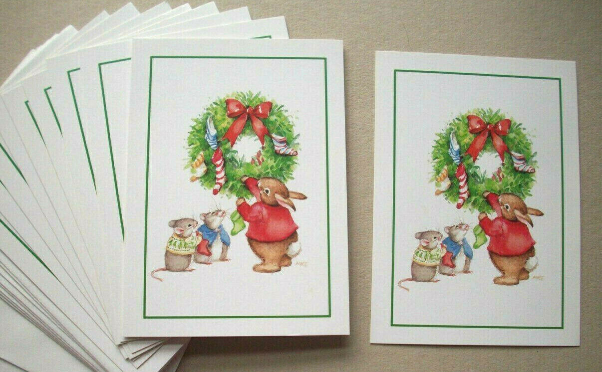 10 Mouse Mice Family Hanging Stockings On Wreath Christmas Greeting ...