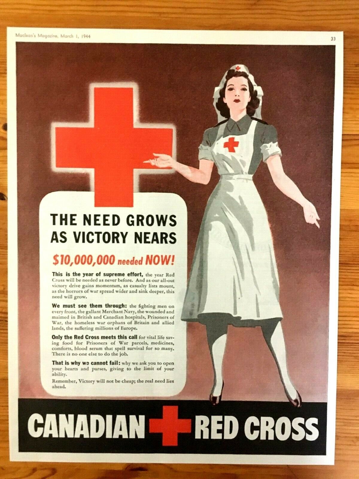 1944 WWII CANADIAN AD CANADA PATRIOTIC RED CROSS NURSE NURSING GIVE ...