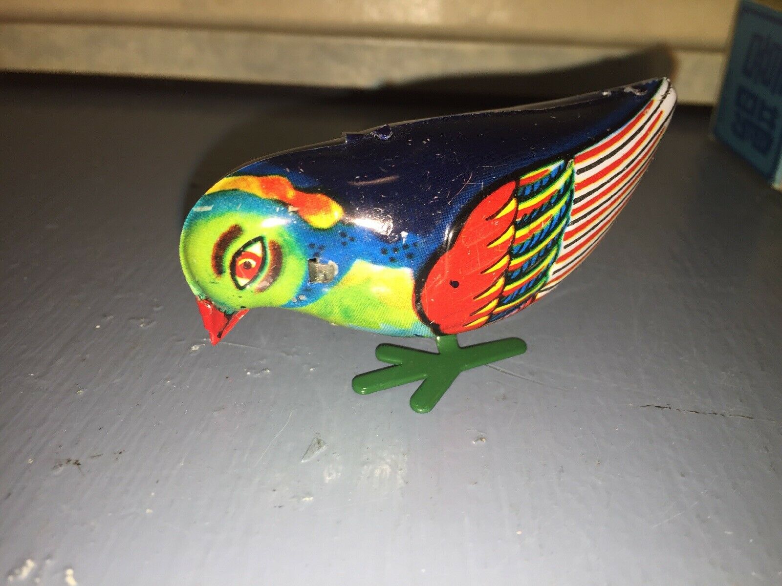 Vintage Mechincal Tin Blue Bird Wind Up Toy And Key | #14426029