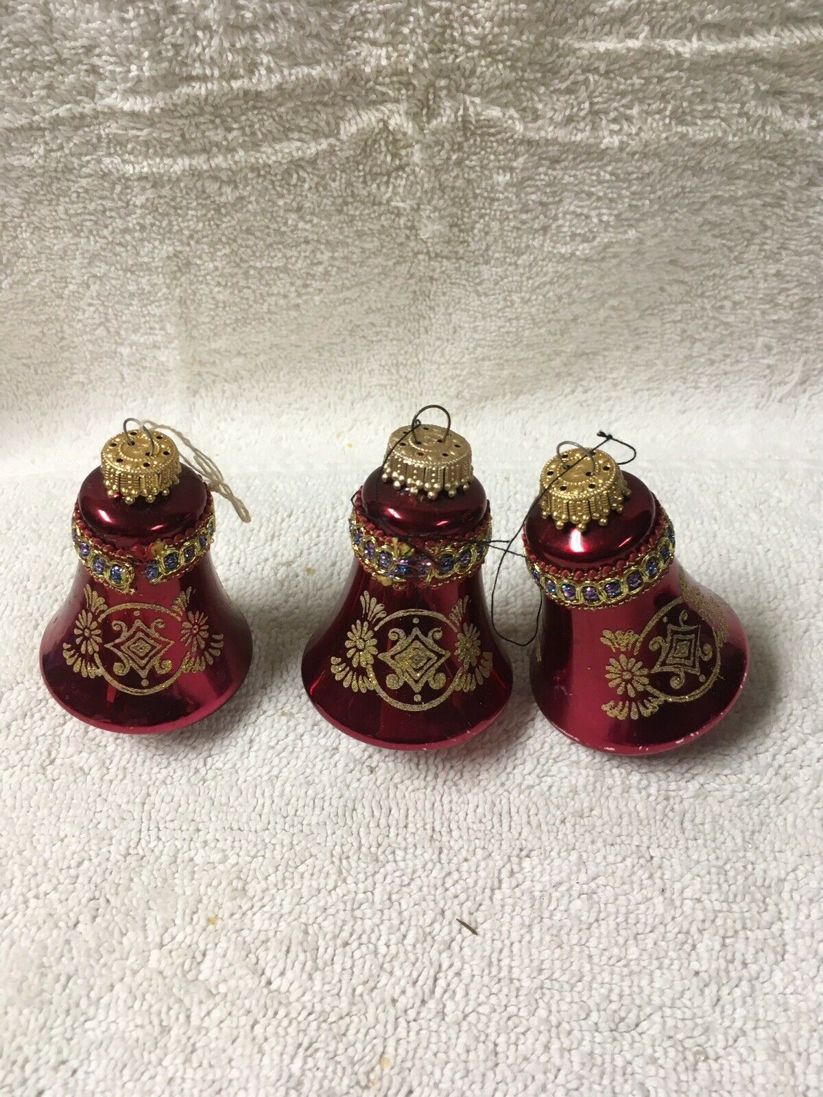 Vtg 3 Gold Glitter Design On Red Bell Mercury Glass Christmas Ornaments ...