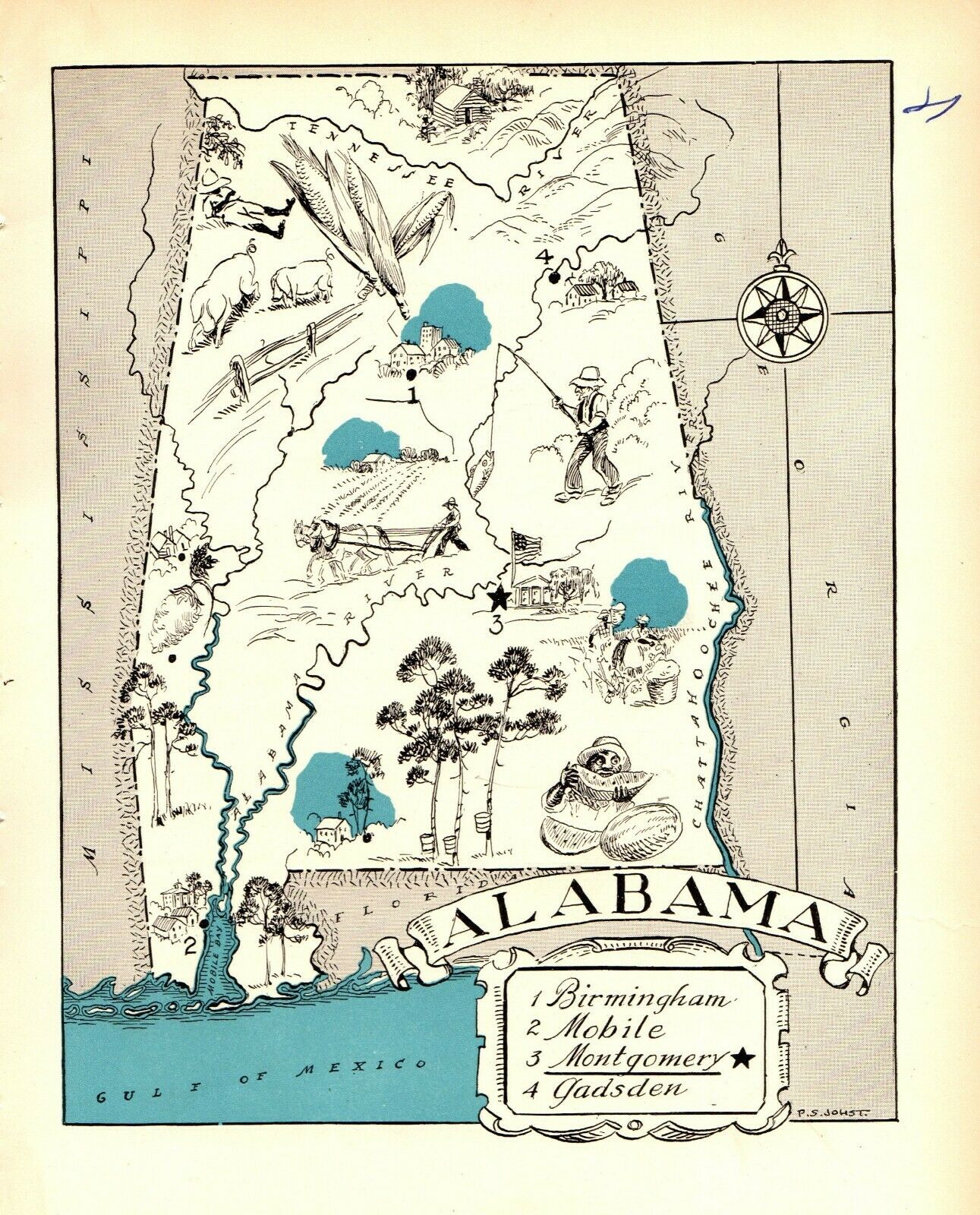 1930s Antique ALABAMA State Map RARE Animated Picture Map Of Alabama ...