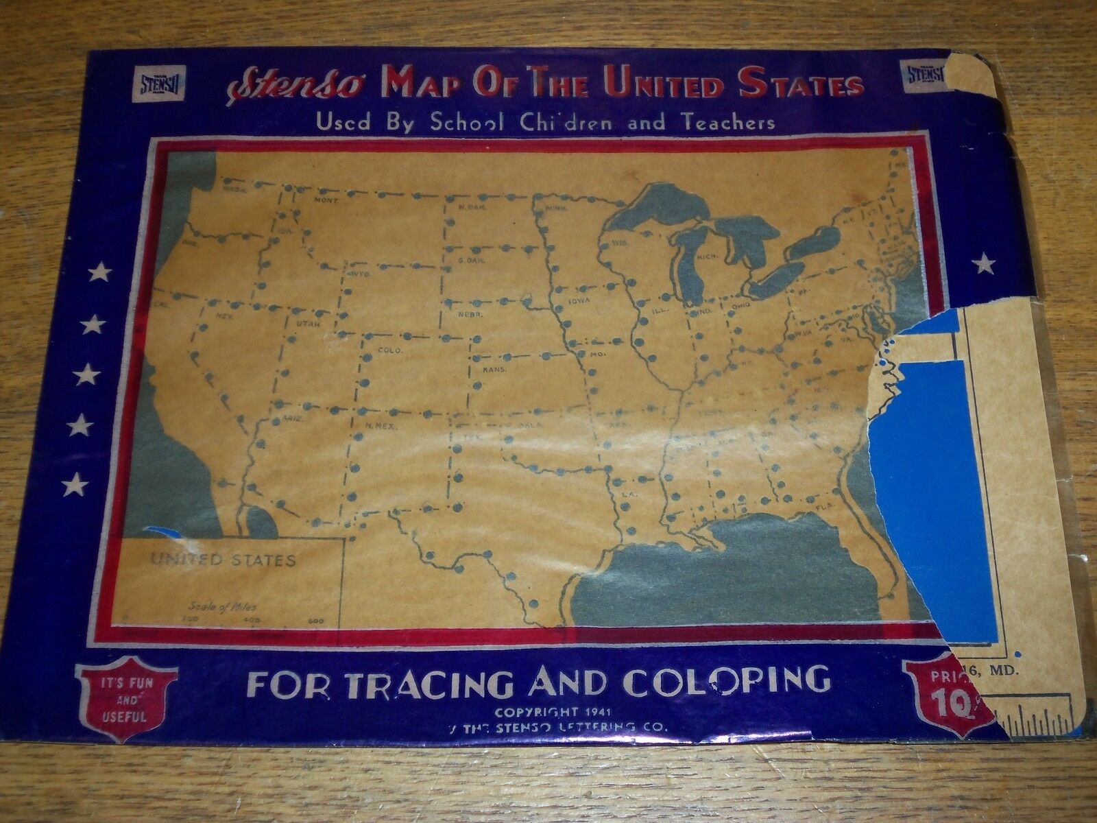 Old 1941 Stenso Map Of The United States For Tracing And Coloring ...