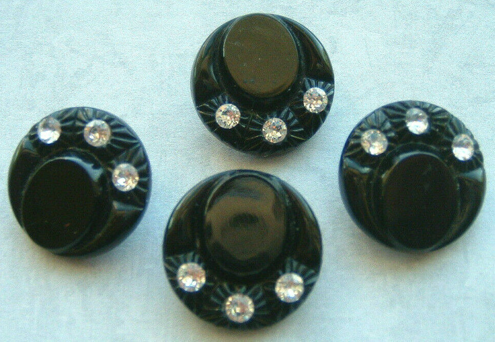 4 GLAMOROUS GLOSSY VINTAGE BLACK GLASS HAT BUTTONS WITH RHINESTONES IN ...