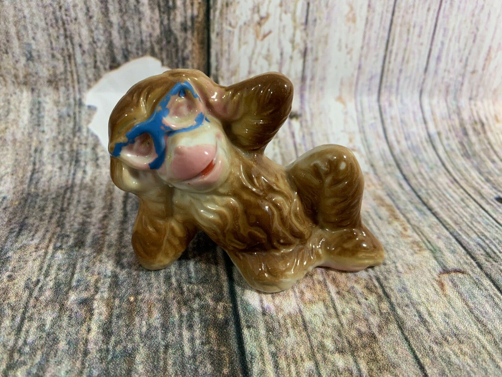 VIntage Japan Ceramic Brown Monkey Figurine Laying Down Wearing Blue ...