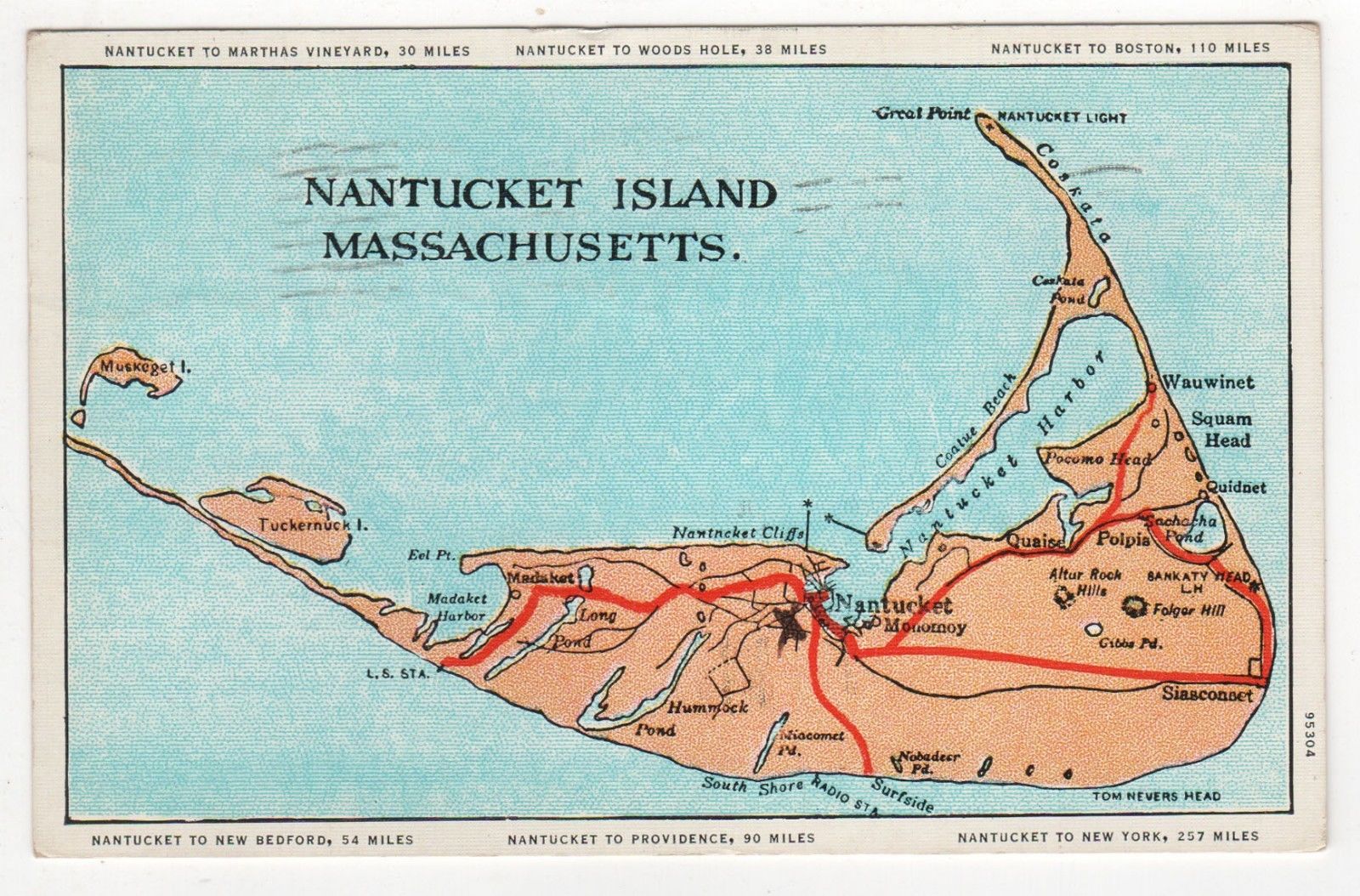NANTUCKET Island MASSACHUSETTS PC Postcard MAP 1944 American Art ...