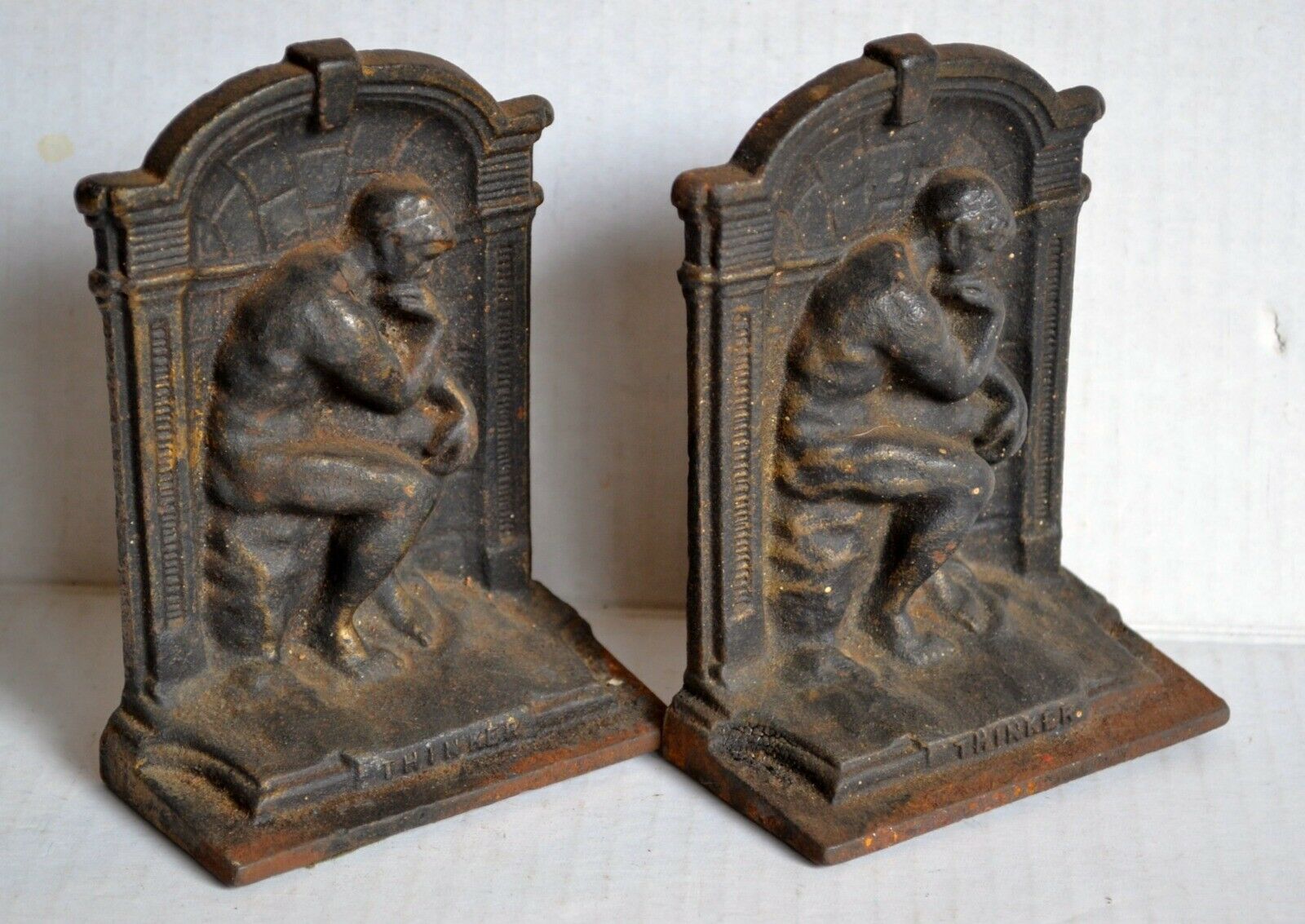 Antique Vintage Rodin THE THINKER Bookends Heavy CAST IRON Signed ...
