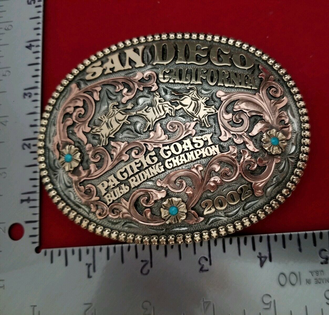 2002 RODEO TROPHY BELT BUCKLE VINTAGE SAN DIEGO CALIFORNIA BULL RIDE ...