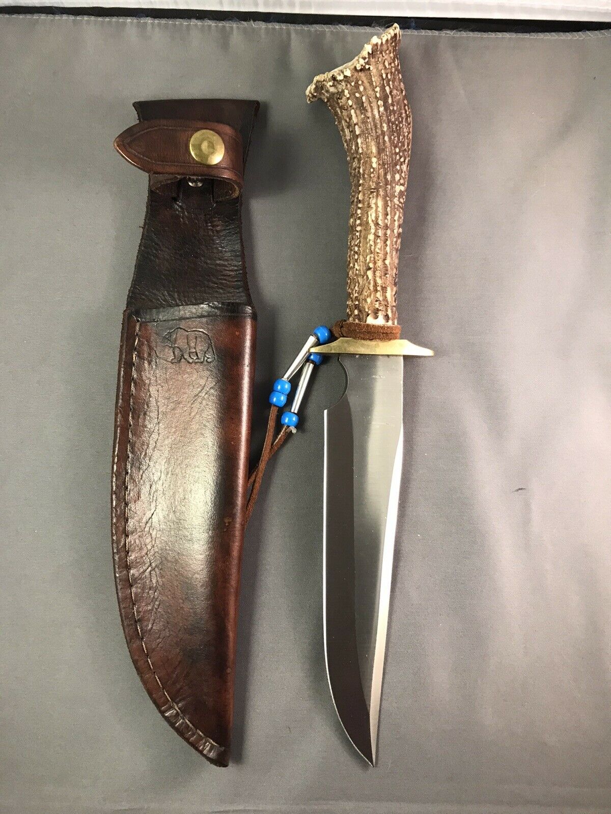 Custom Made Stag Handle Bowie Hunting Sheath Knife 13 1/4” | #17015628